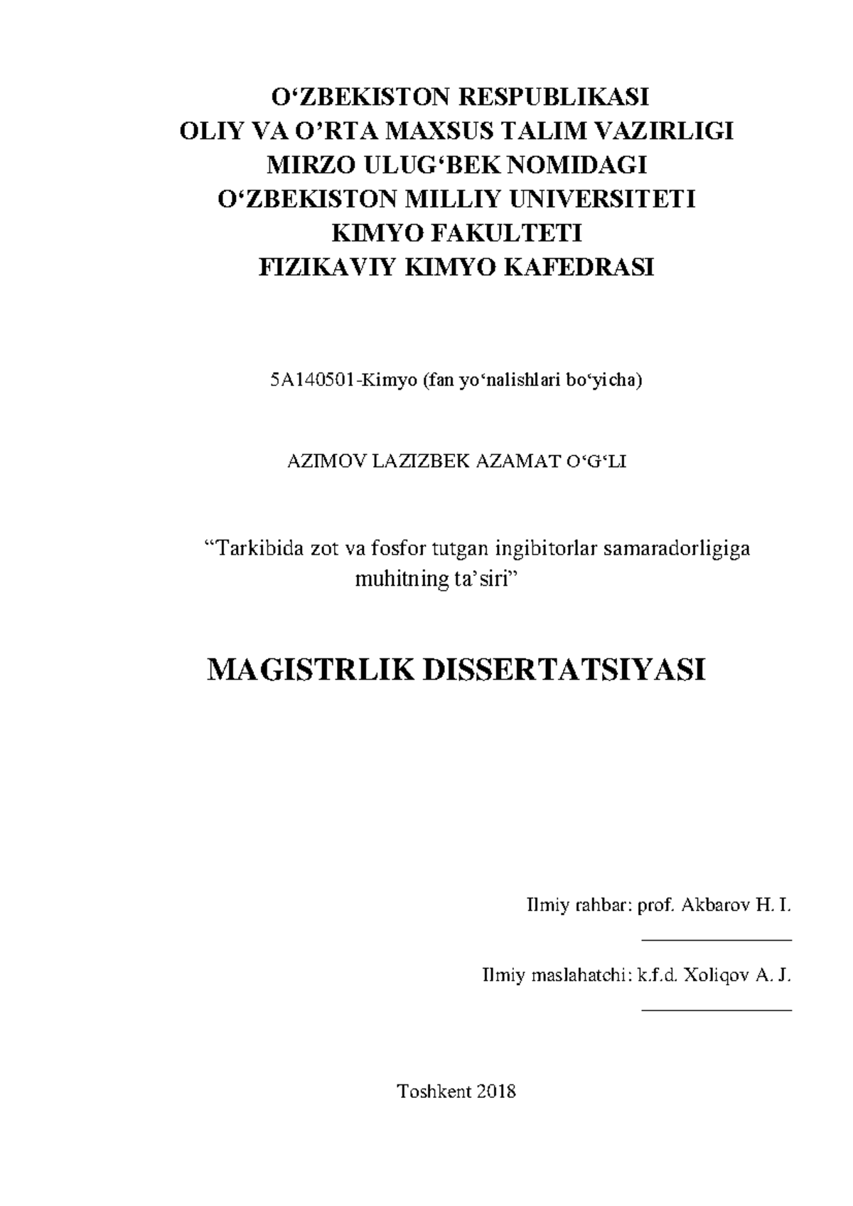 5A140501-Kimyo: Ingibitorlar Samaradorligi va Muhit Ta'siri - Studocu