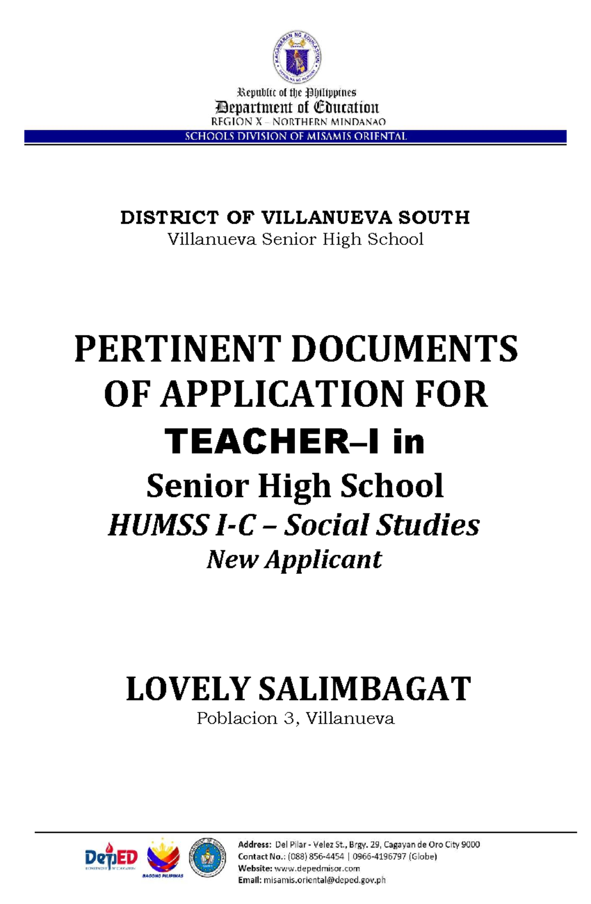 Cover Page - Application for Teacher-I (Senior High School) - BSED ...