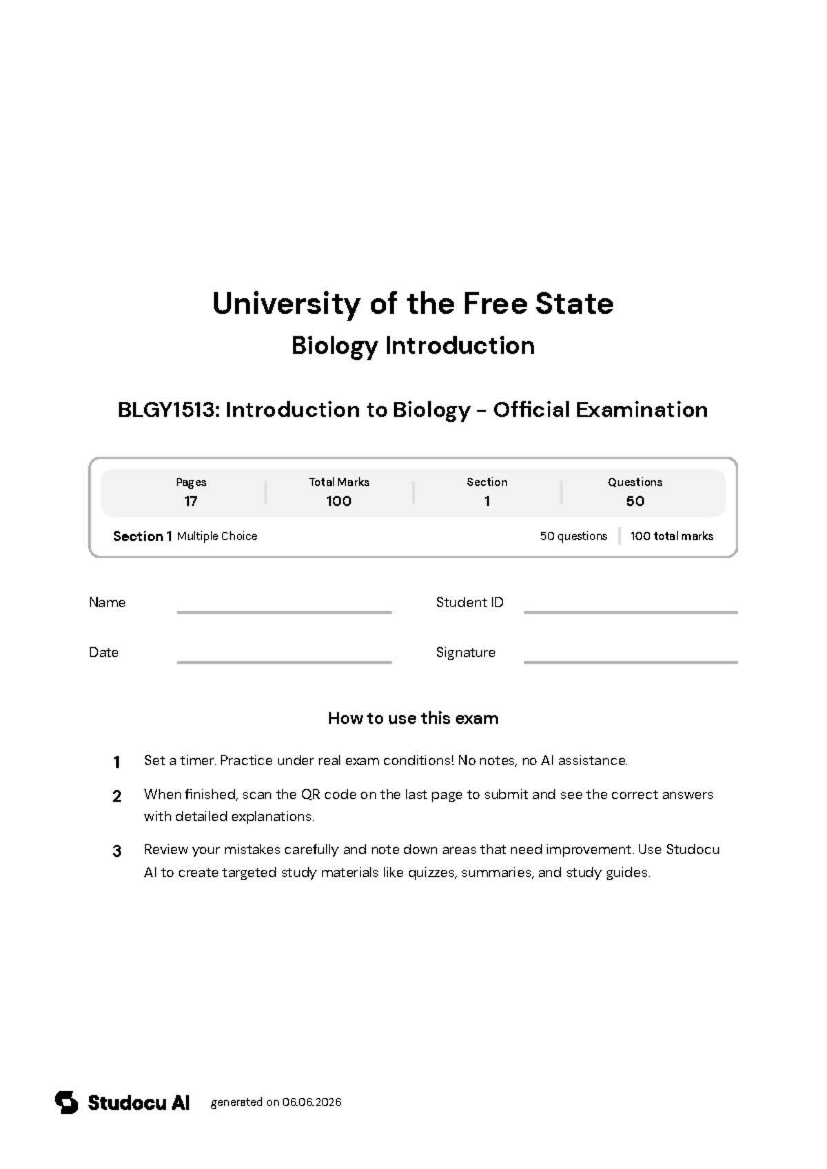 BLGY1513: Introduction to Biology - Final Exam - Studocu