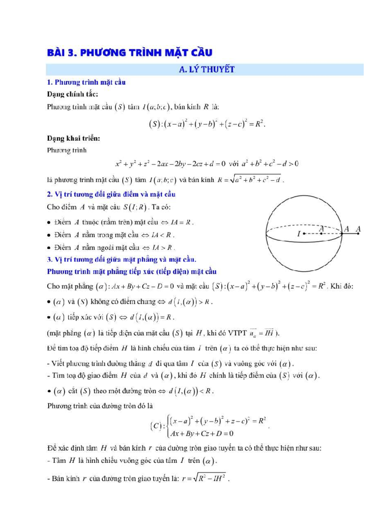 Phương Trình Mặt Cầu - Bài Tập và Lý Thuyết (MATH 12) - Studocu