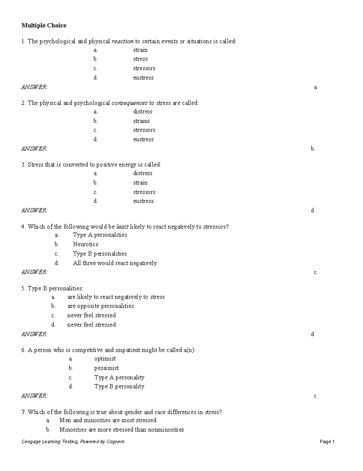 Chapter 15 Stress Management: MCQs & Key Concepts Review - Studocu
