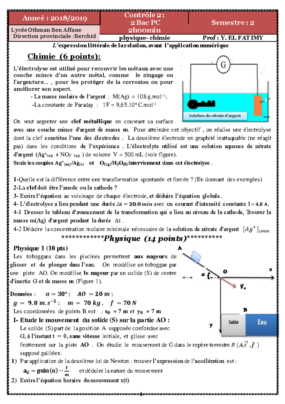 Devoir 2 : Physique et Chimie 2 Bac PC - Semestre 2 Modèle 1 - Studocu