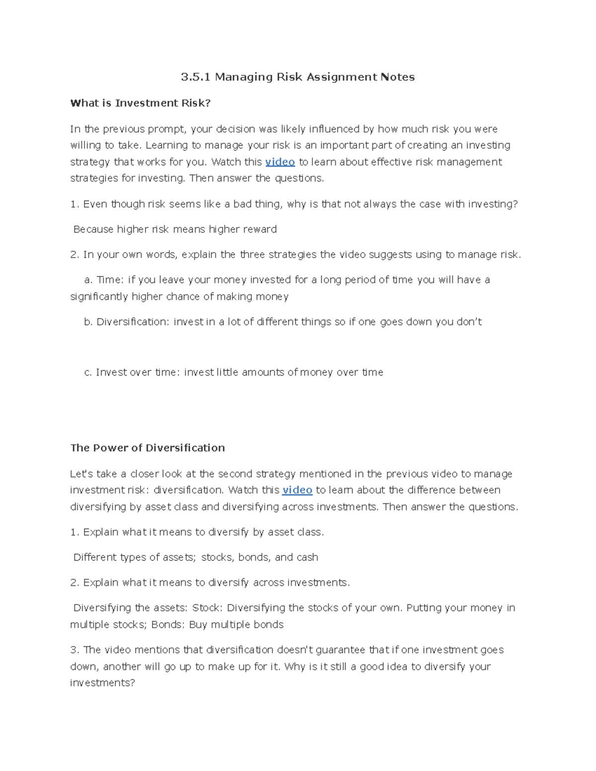 Managing Risk Assignment Notes: 3.5.1 Strategies for Investors - Studocu