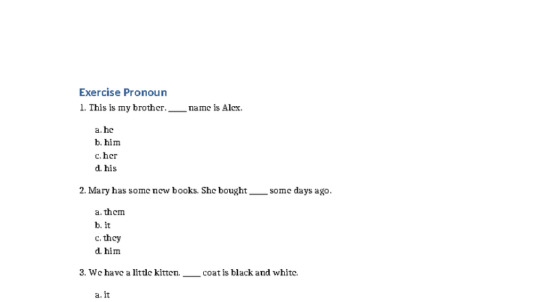 Exercise 1 Pronouns - Latihan Soal - Studocu
