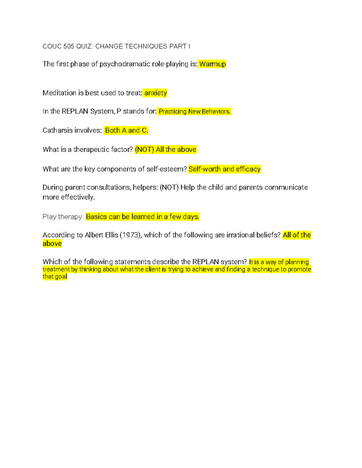 COUC 505 QUIZ: Change Techniques Overview and Key Concepts - Studocu