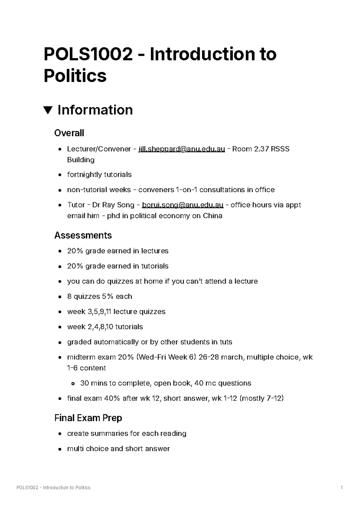 POLS1002 Lecture Notes: Key Concepts in Introduction to Politics - Studocu