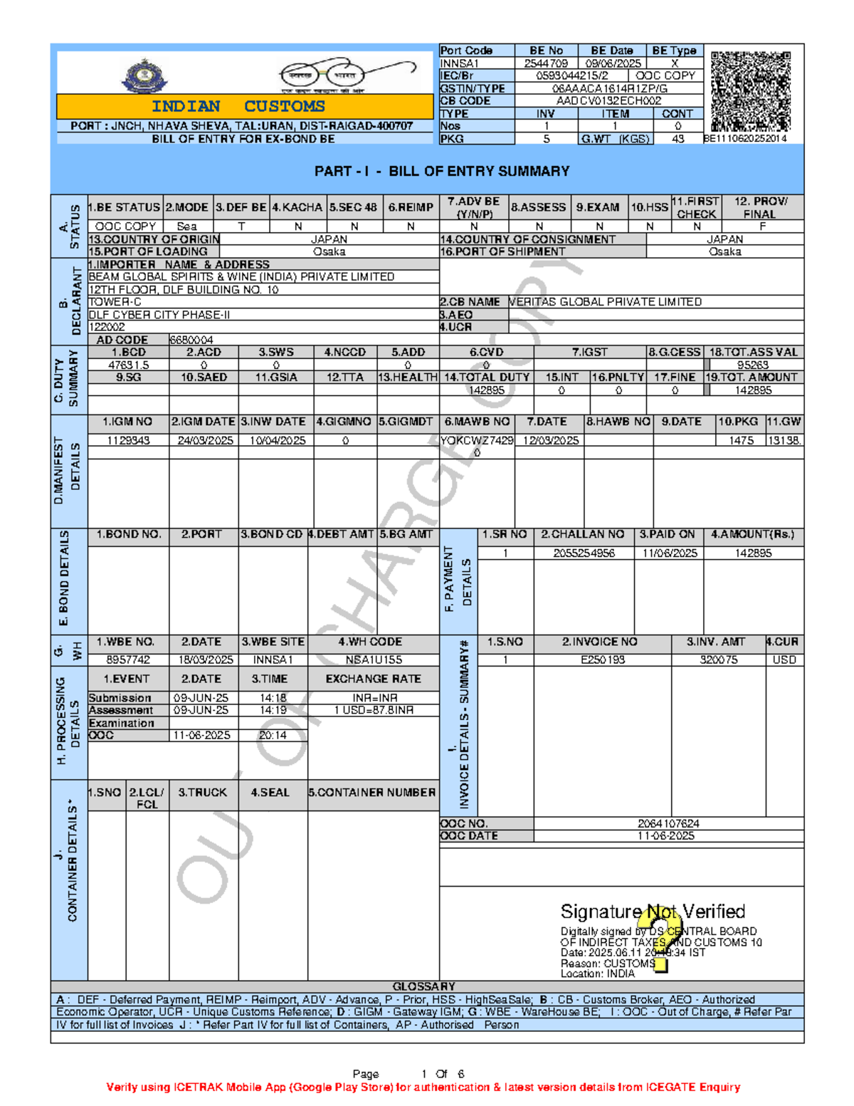 BILL OF ENTRY FOR INNSA1 - CUSTOMS PORT JNCH, NHAVA SHEVA - Studocu