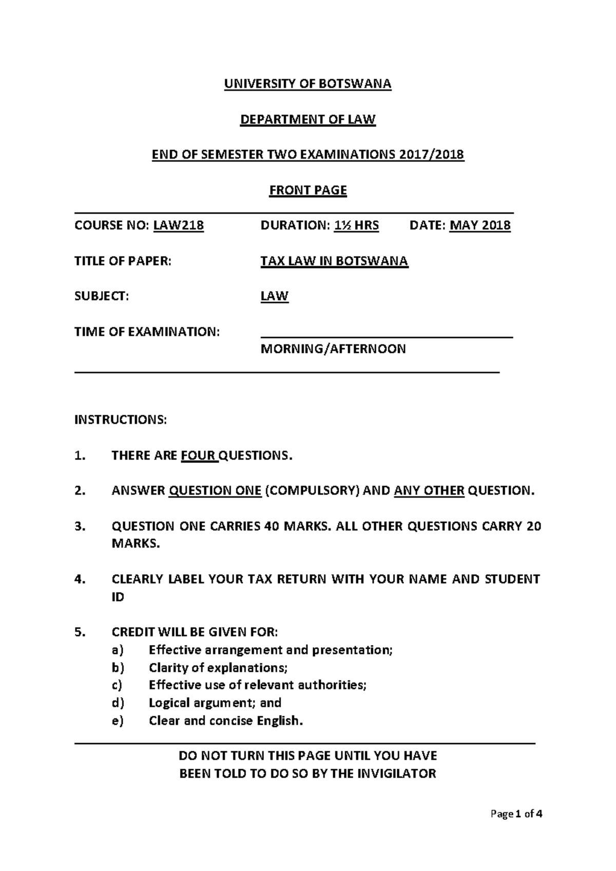 LAW218 Tax Law in Botswana - End of Semester Exam 2018 - Studocu
