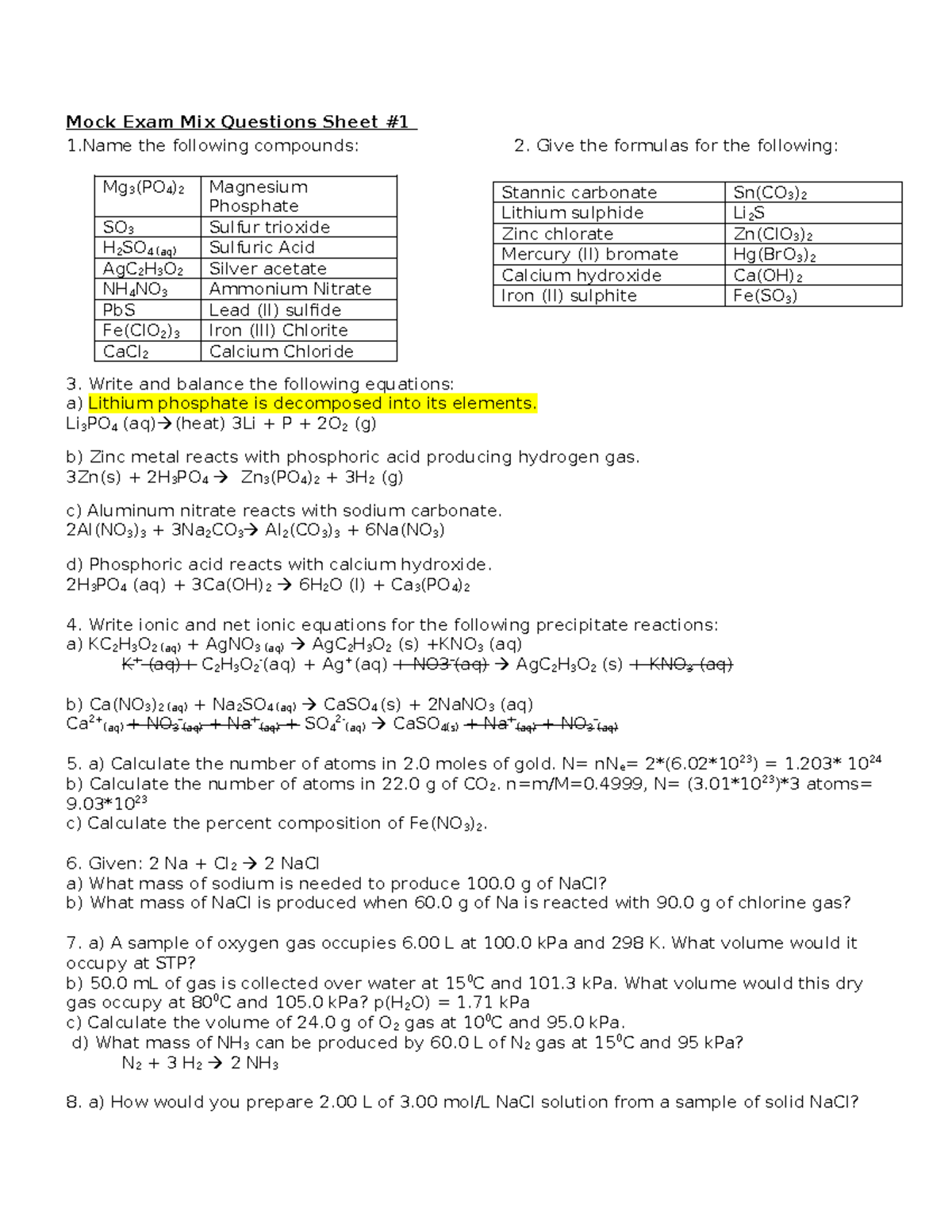 Chemistry 101: Mock Exam Mix Questions & Practice Problems - Studocu