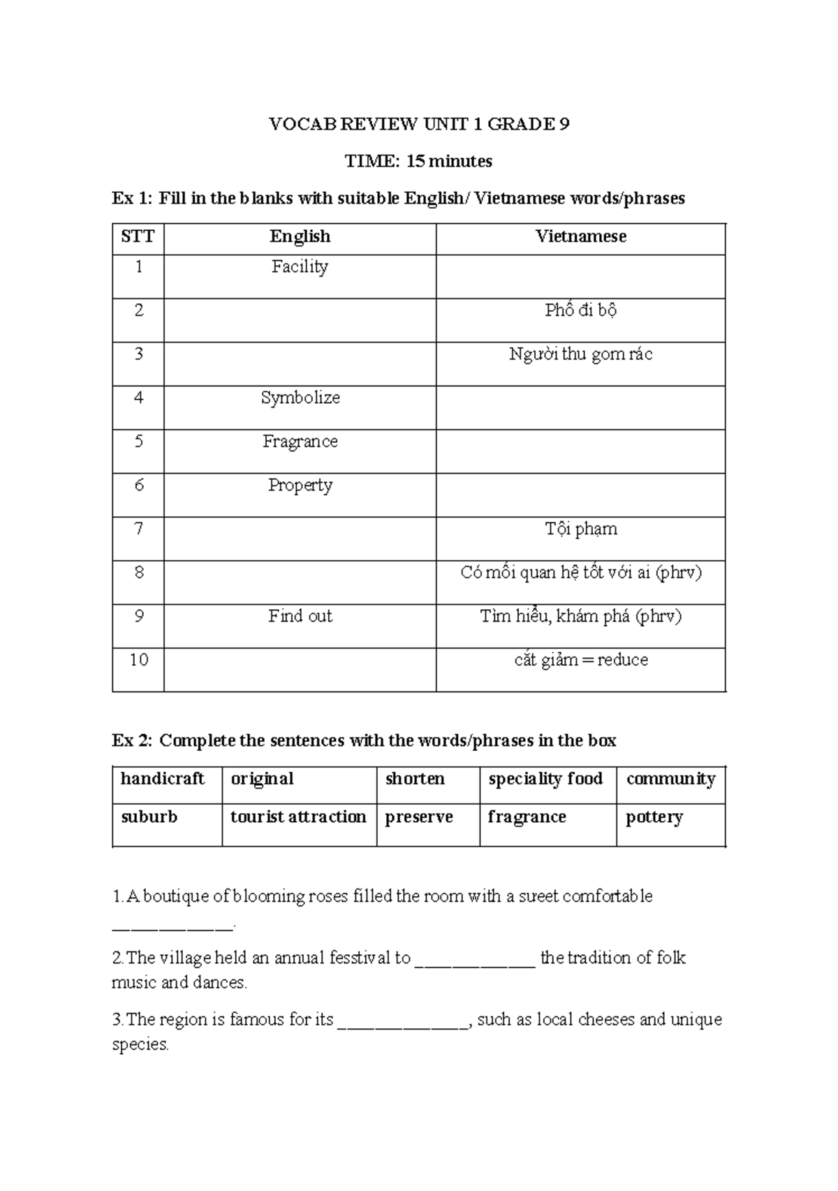 Vocab Review Unit 1 Grade 9: Key Terms and Exercises - Studocu