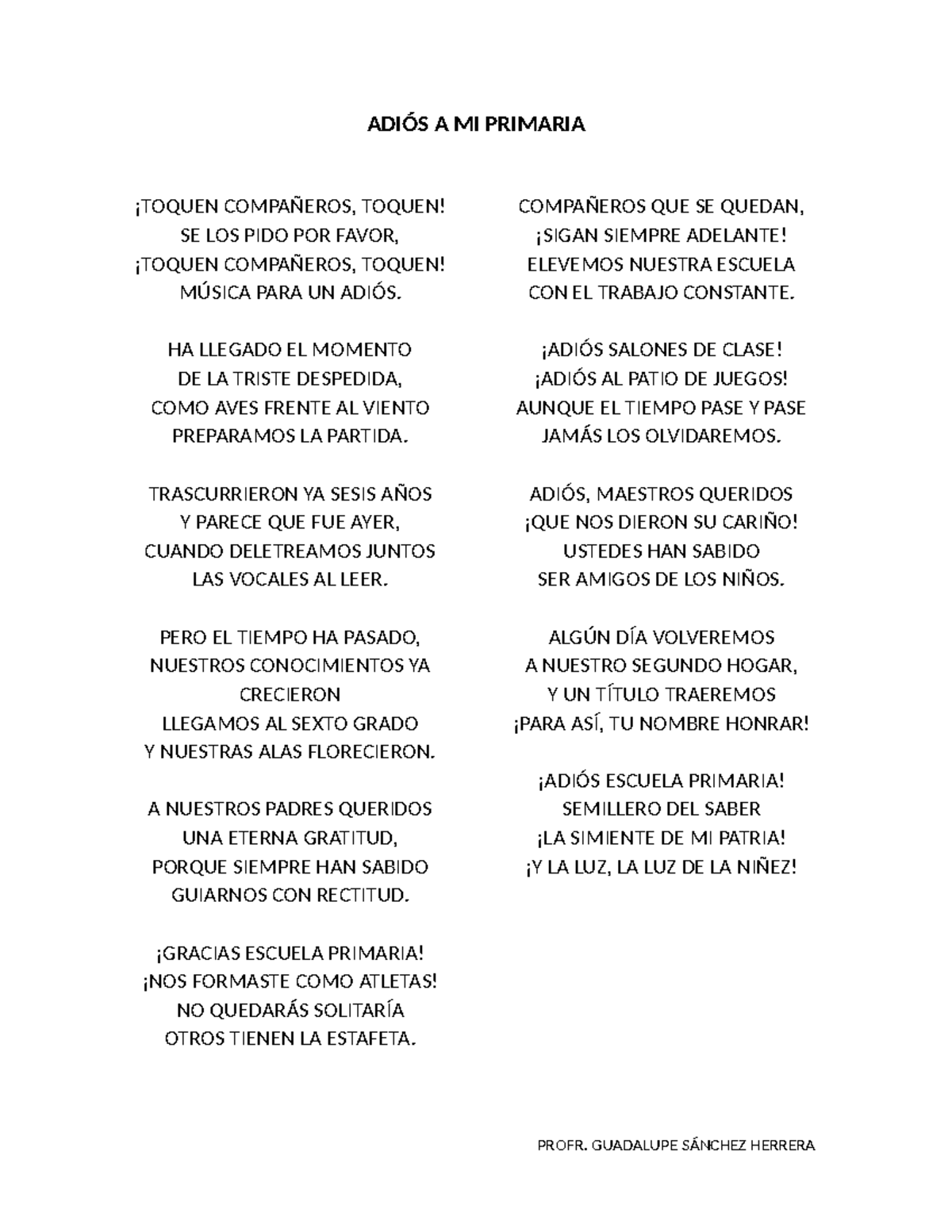 Adiós A Mi Primaria - Poema de Graduación de 6to Grado - Studocu
