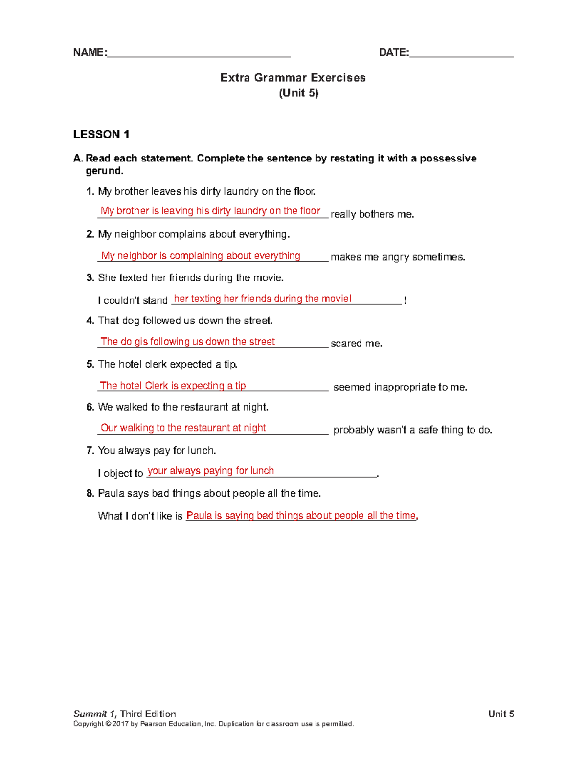 Extra Grammar Exercises Unit 5 - NAME: DATE: Summit 1, Third Edition Unit 5 Extra Grammar ...