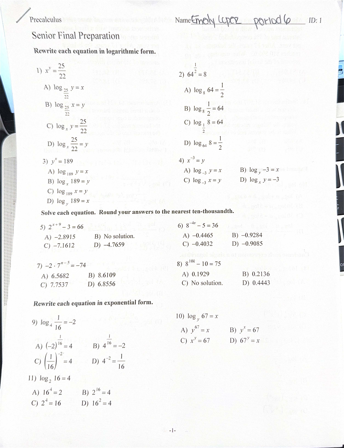 Precalculus Final Exam Prep: Logarithmic & Exponential Equations - Studocu