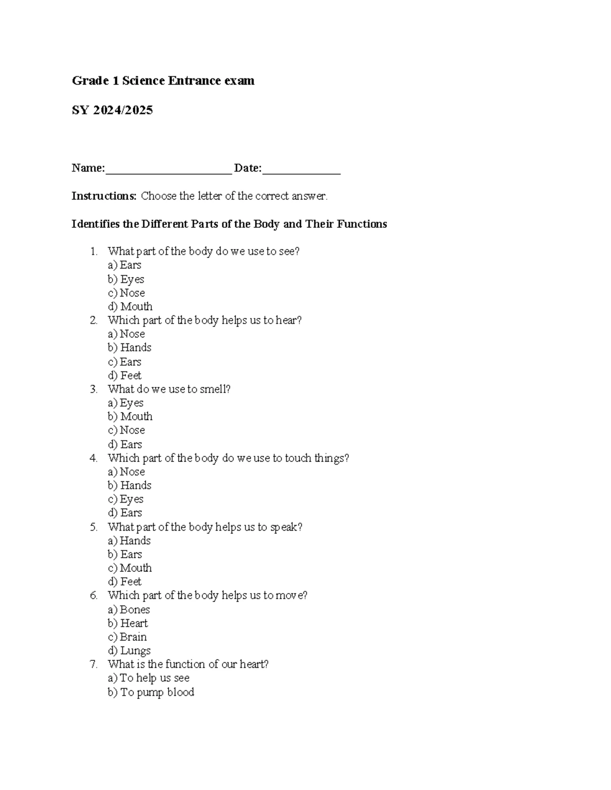 Grade 1 English Entrance Exam S.Y. 2024 - Practice Questions and Answer ...