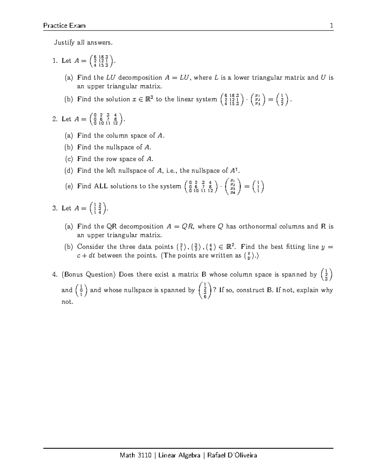 Math 3110 Practice Exam 1: Linear Algebra Concepts and Decompositions ...