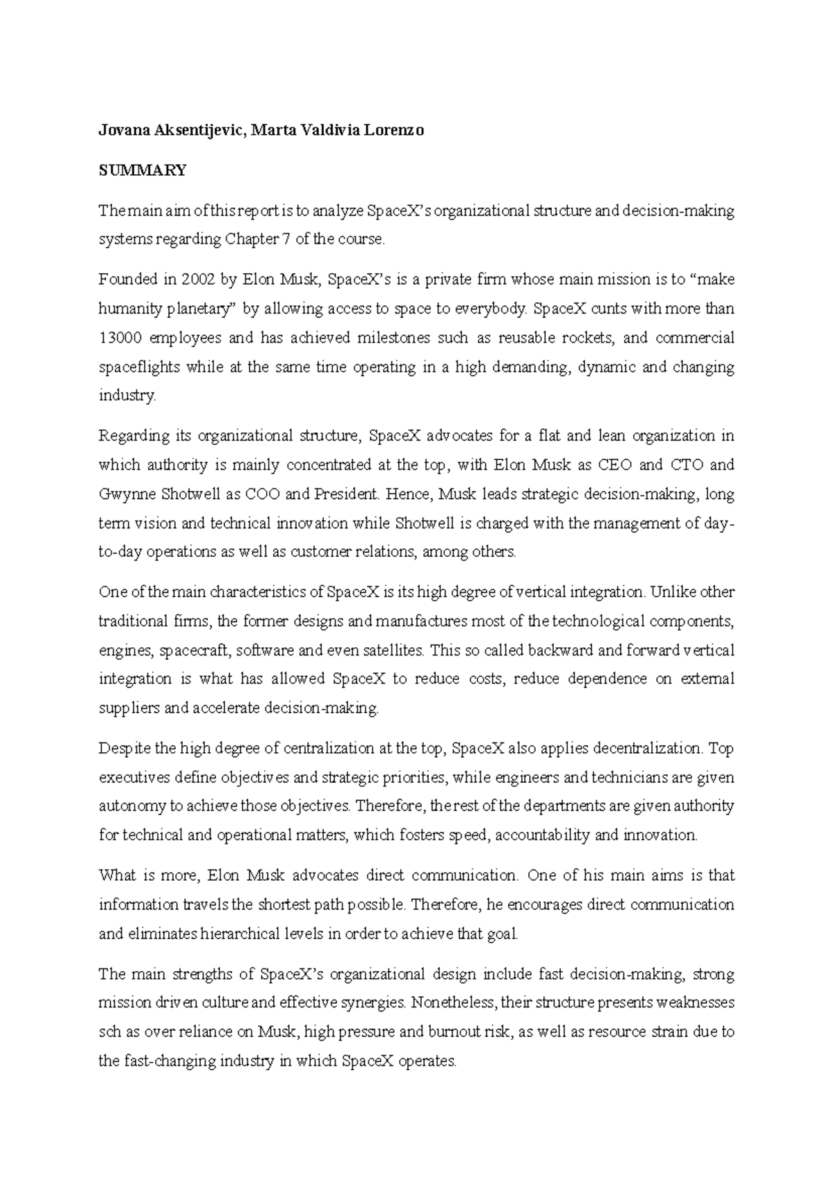 SpaceX Organizational Structure Analysis - Final Project Report - Studocu