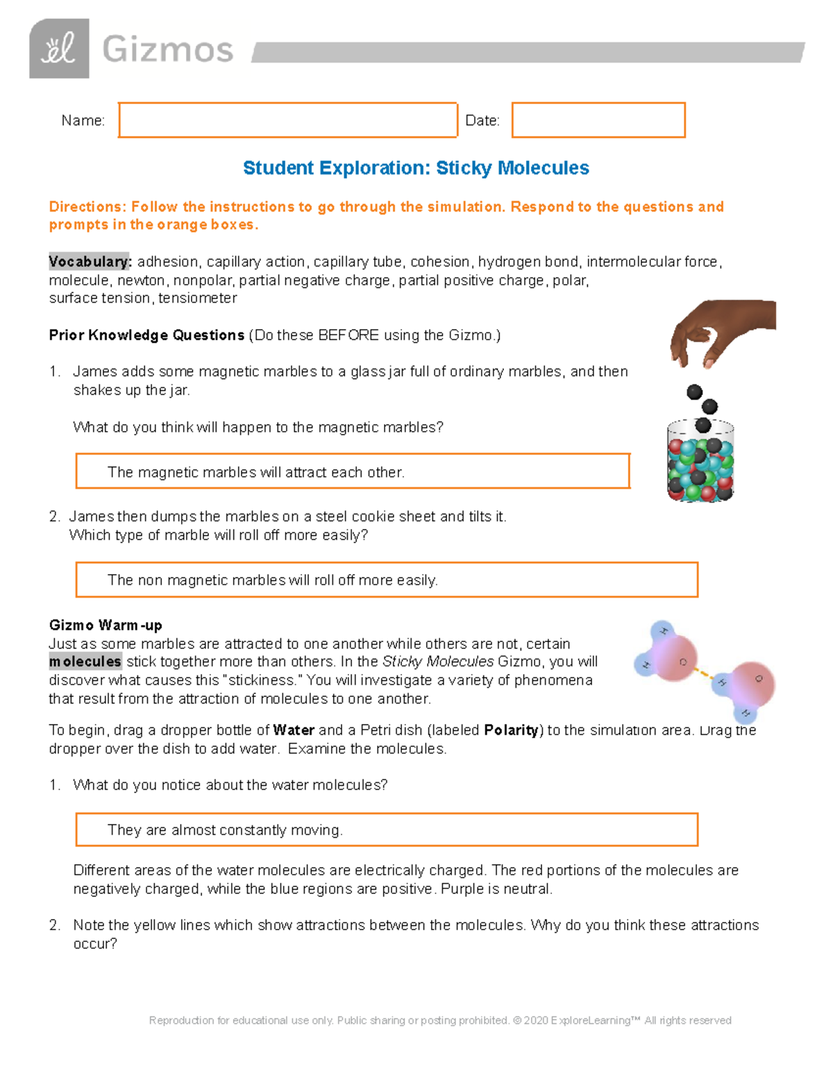 Bianca Linhares - Gizmo-Sticky Molecules - Name: Date: Student ...
