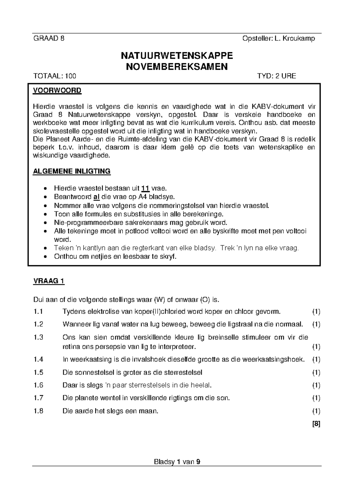 Graad 8 Natuurwetenskappe: Vraestel November 2018 - L. Kroukamp - Studocu