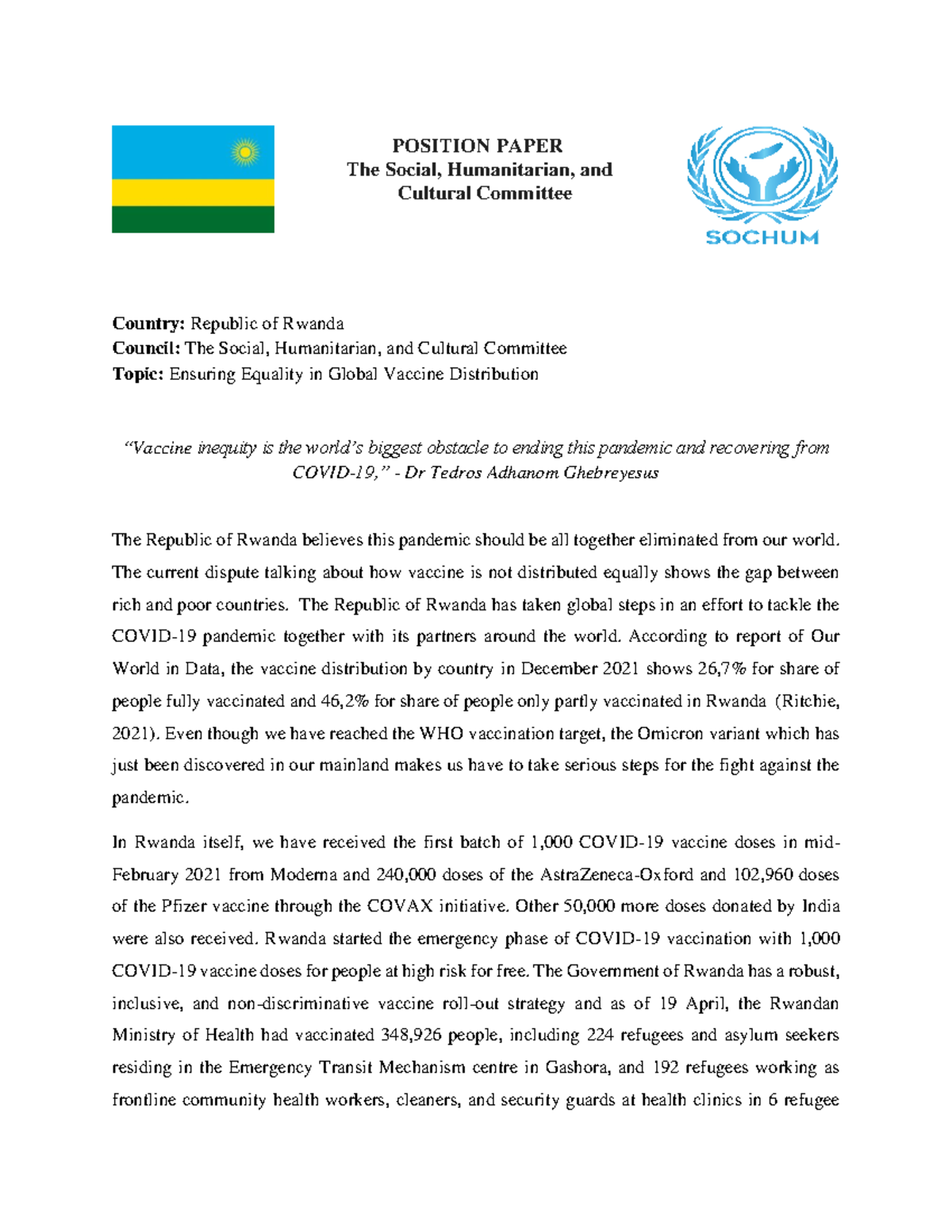 Rwanda Position Paper for MUN Sochum: Global Vaccine Inequality - Studocu