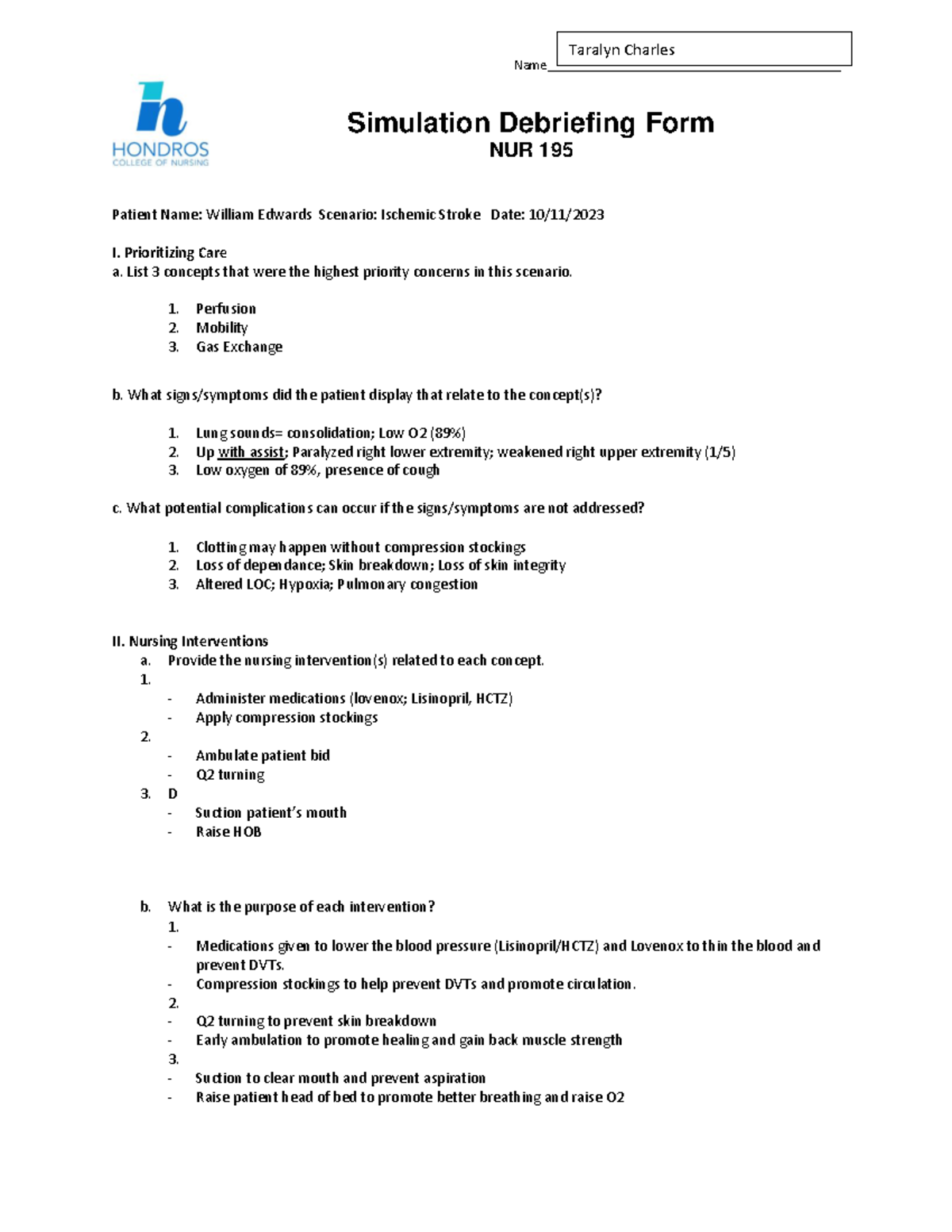 NUR 195 Simulation Debriefing: Ischemic Stroke Focus Analysis - Studocu