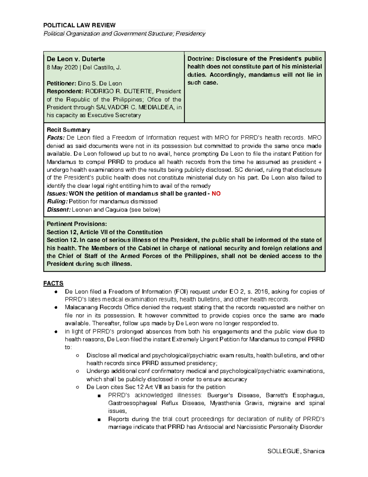 POLITICAL LAW REVIEW: De Leon v. Duterte on Health Disclosure Mandamus ...