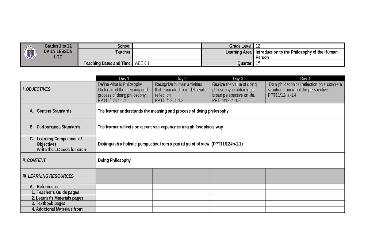 PPT11/12 - Week 1 Lesson Plan: Understanding Doing Philosophy - Studocu