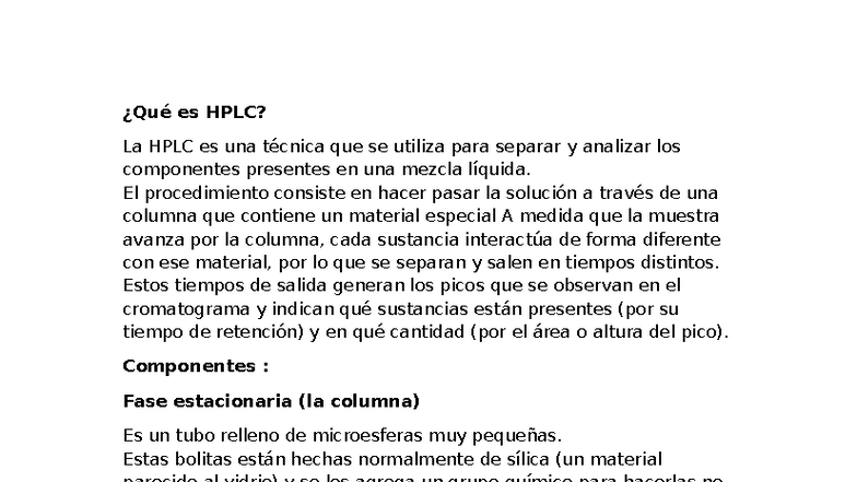 Qué es HPLC: Fundamentos y Componentes - Toxi - Studocu