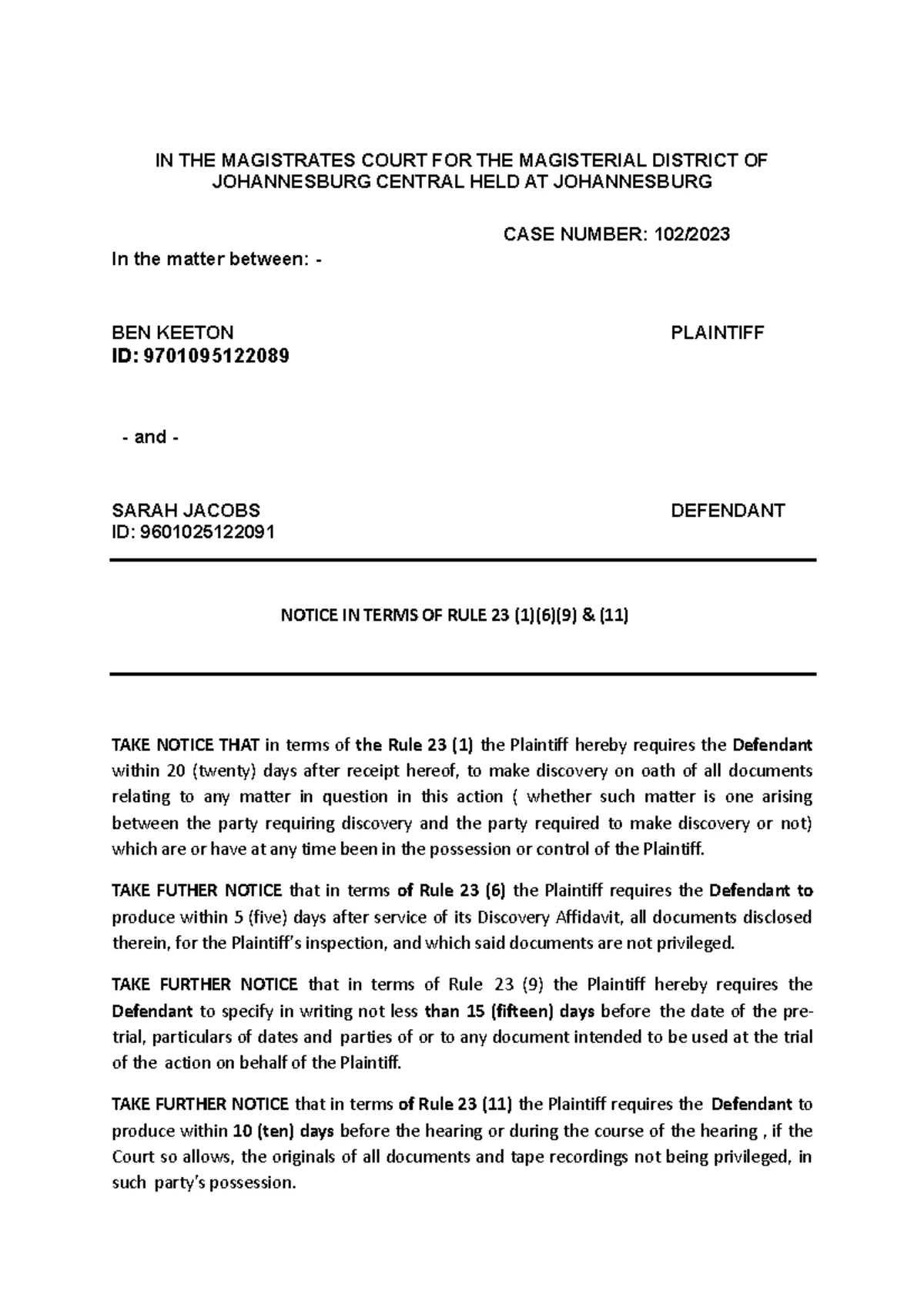 Example of Plea, Counterclaim & Plea to Counterclaim in CT1/2023 - Studocu