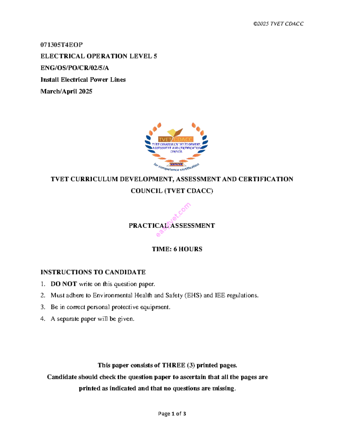 TVET CDACC 071305T4EOP Level 5 Practical: Install Electrical Power ...