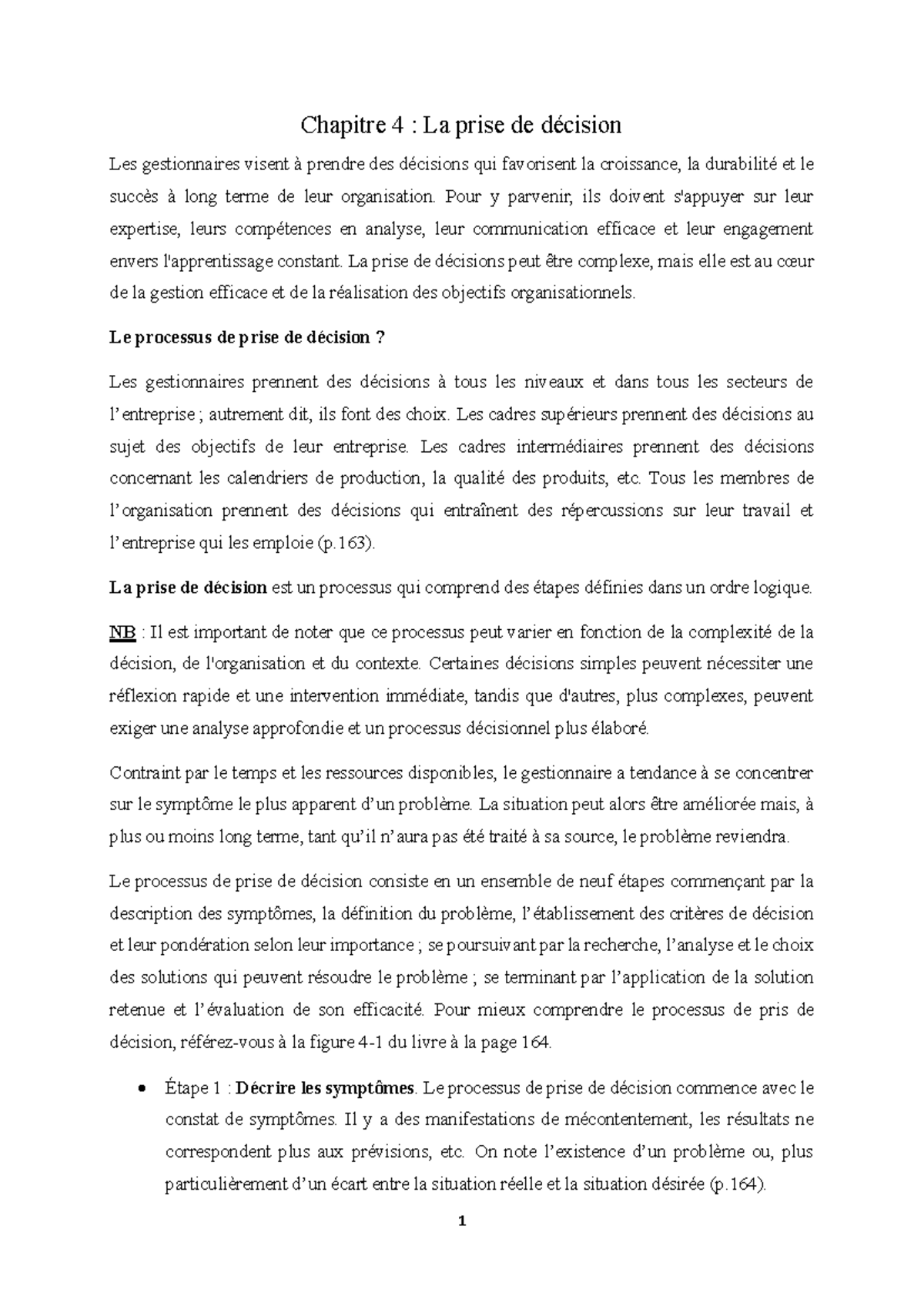 Notes de Chapitre 4 : La Prise de Décision en Gestion - Studocu