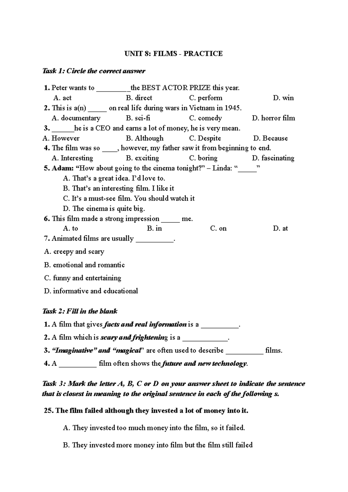 UNIT 8: FILMS PRACTICE - Task Exercises and Answer Guide - Studocu