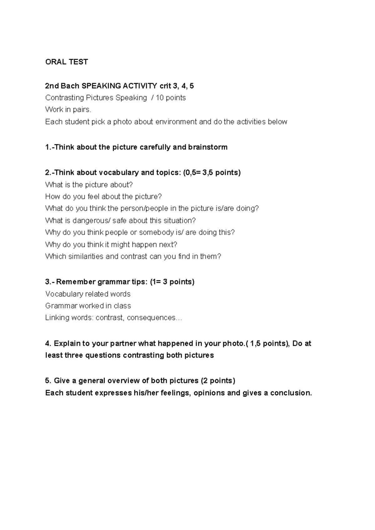 Speaking TEST UNIT 2 Describing AND Constrast Pictures - ORAL TEST 2nd ...
