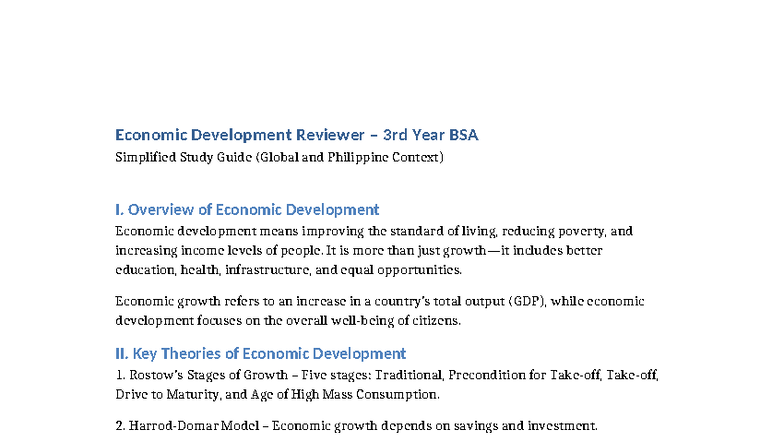 Economic Development Study Guide BSA3: Global & Philippine Context - Studocu
