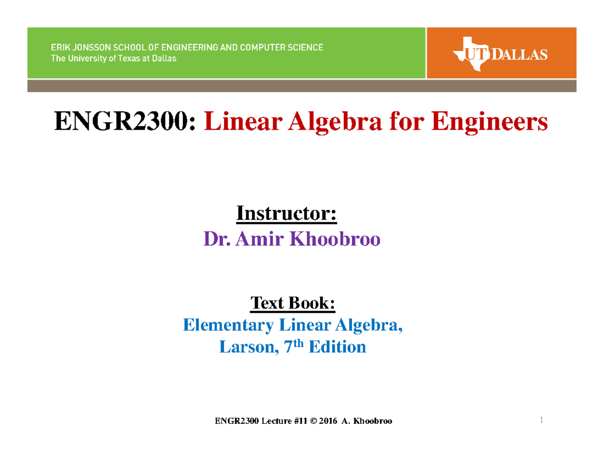 ENGR2300 Lecture 11: Understanding Subspaces and Linear Combinations - ENGR2300: Linear Algebra ...
