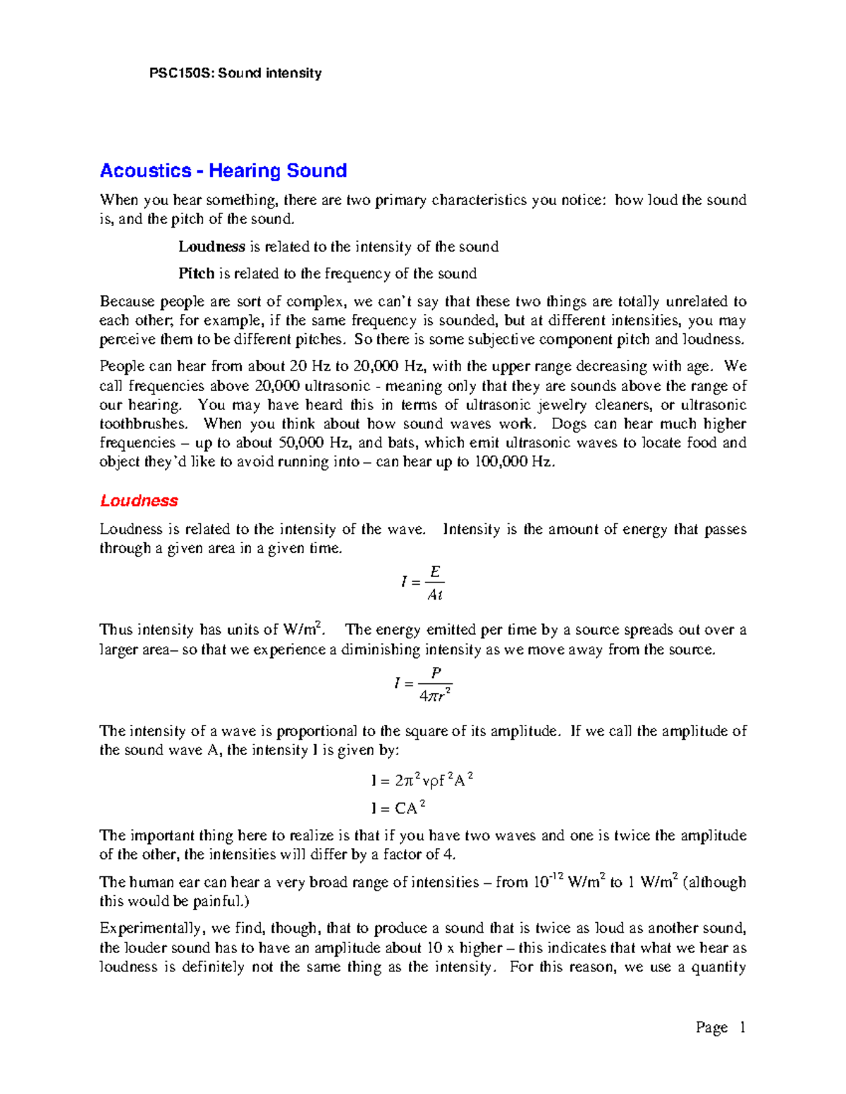 PHYSICS 151: Acoustics Lecture Notes on Sound Intensity and Loudness ...