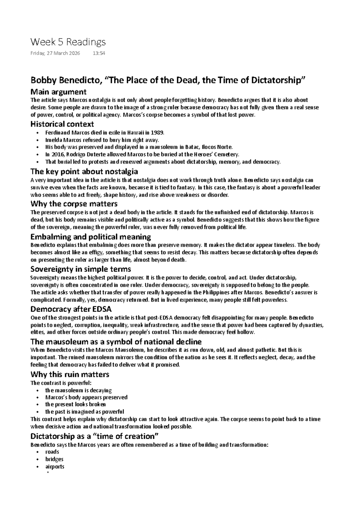 Week 5 Readings: Nostalgia and Power in Benedicto's Analysis - Studocu