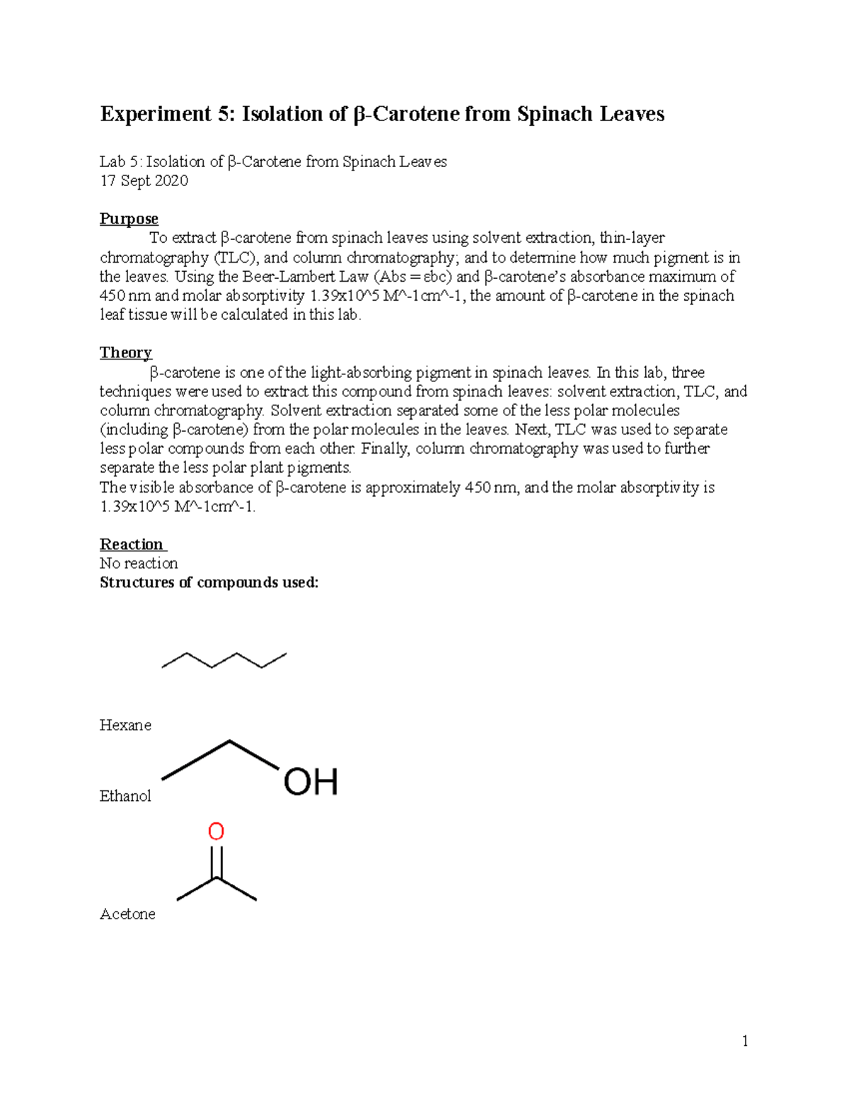 Chem253 Expt 5: Isolation of β-Carotene from Spinach Leaves Insights ...