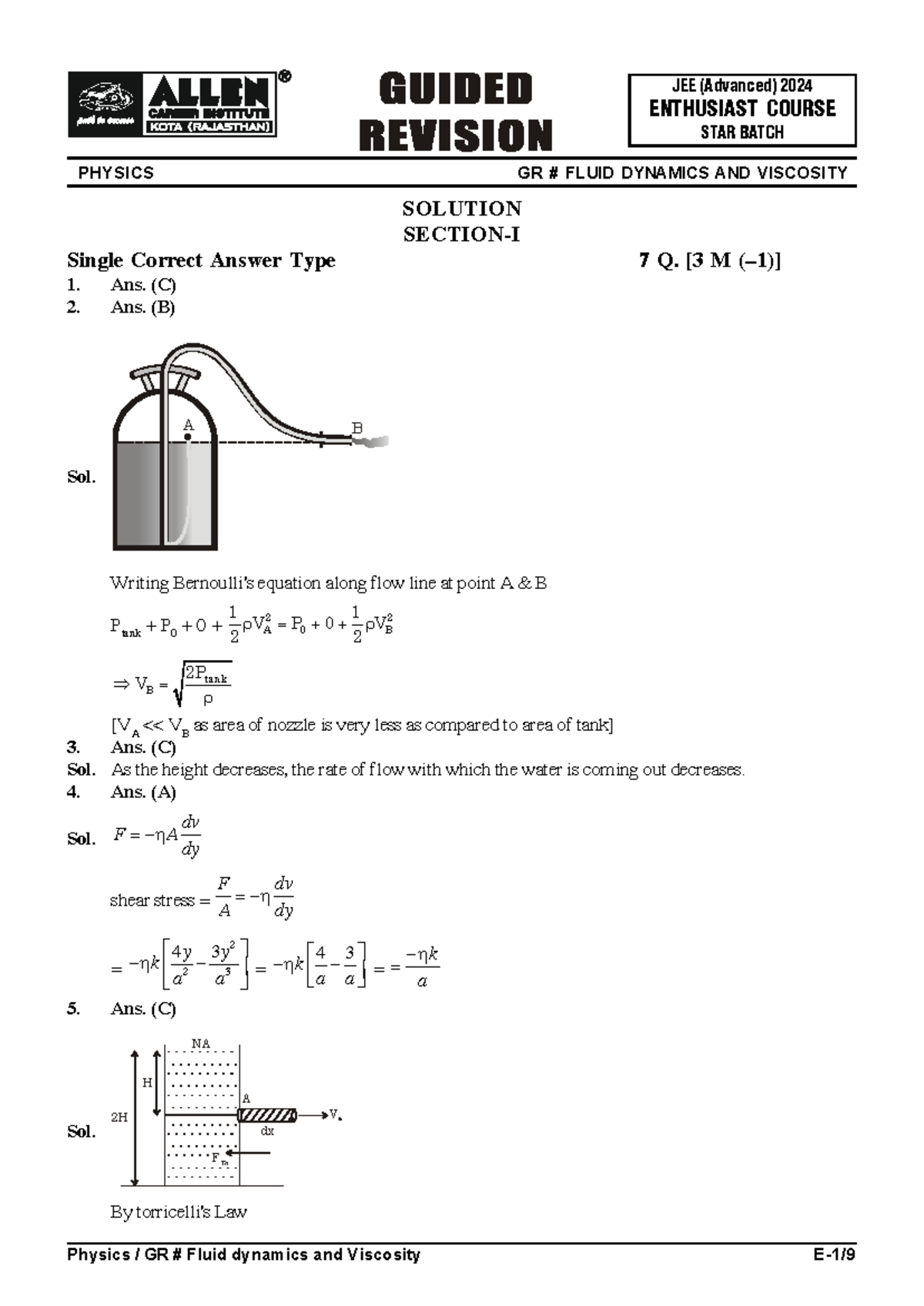 GUIDED REVISION JEE (Advanced) 2024: Fluid Dynamics & Viscosity ...