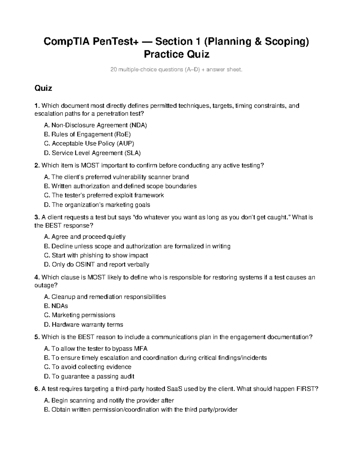 Pen Test+ Section 1 (Planning & Scoping) 20Q Quiz Answer Sheet - Studocu