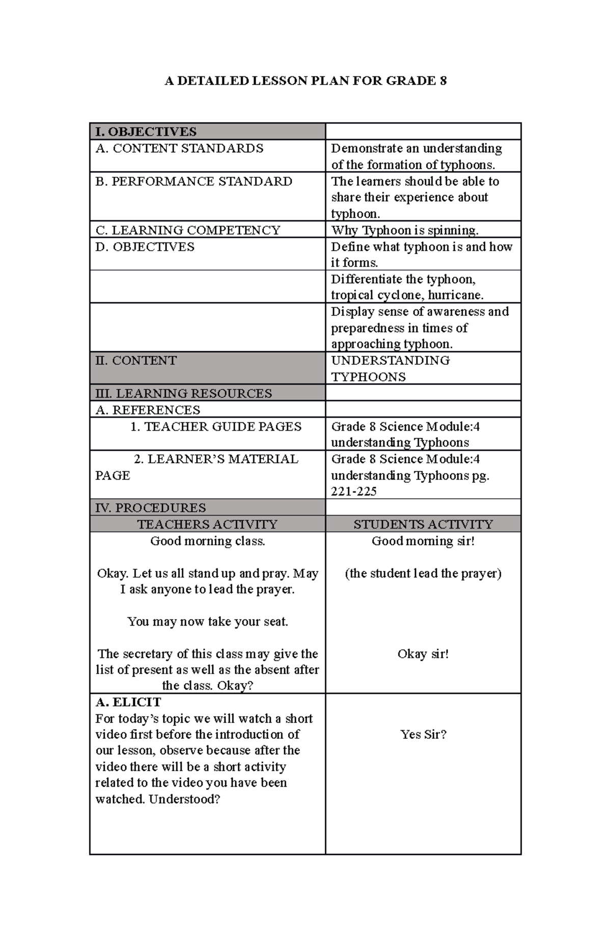 Grade 8 Lesson Plan: Understanding Typhoons and Their Formation - Studocu