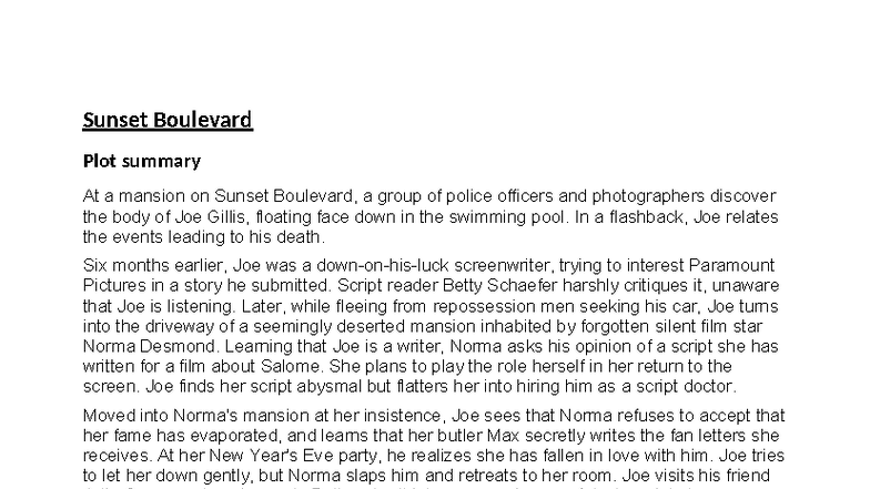 SB Plot Summary - Summaries on sunset boulevards plot - Sunset ...