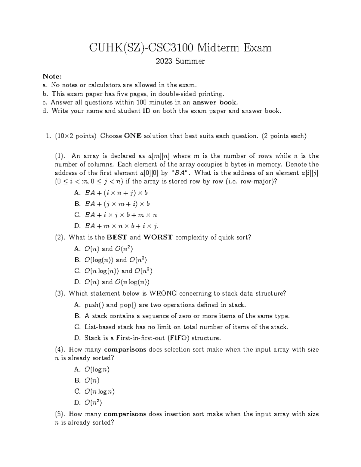CUHK(SZ) CSC3100 Midterm Exam 2023: Study Guide and Key Concepts - Studocu