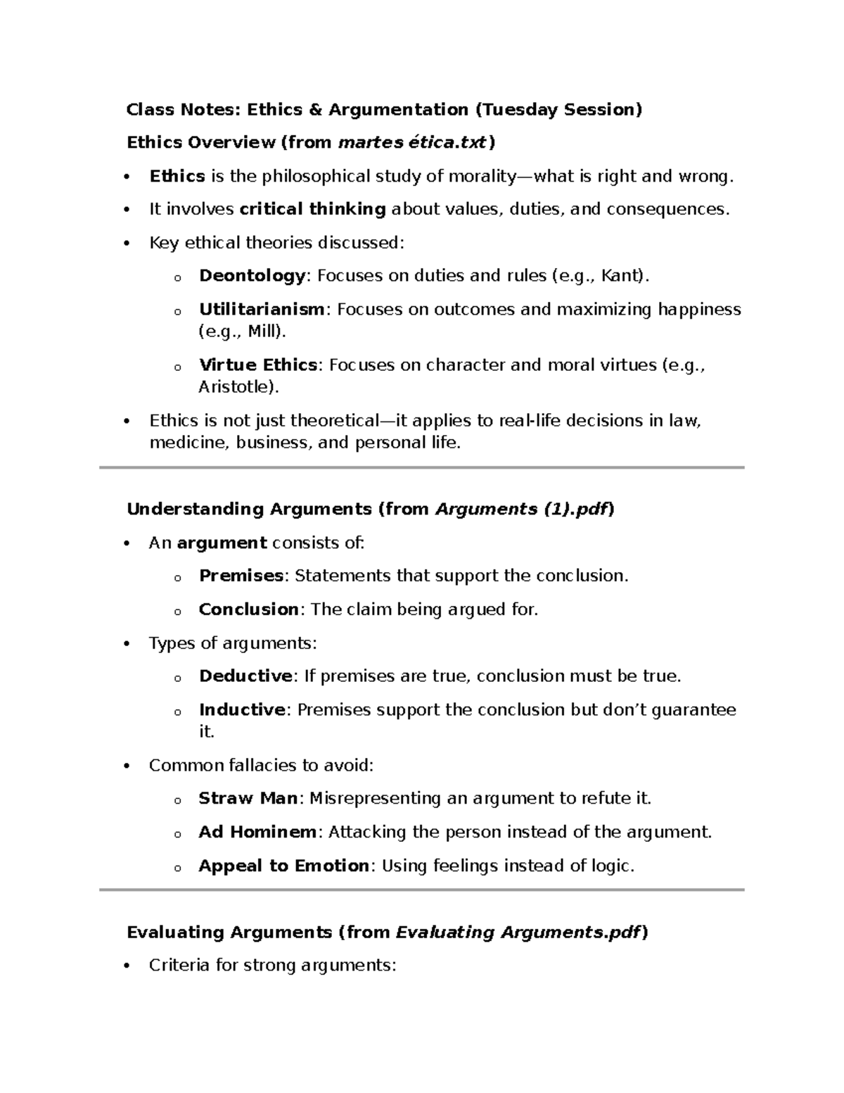 Ethics & Argumentation Class Notes: Theories & Evaluation Techniques ...