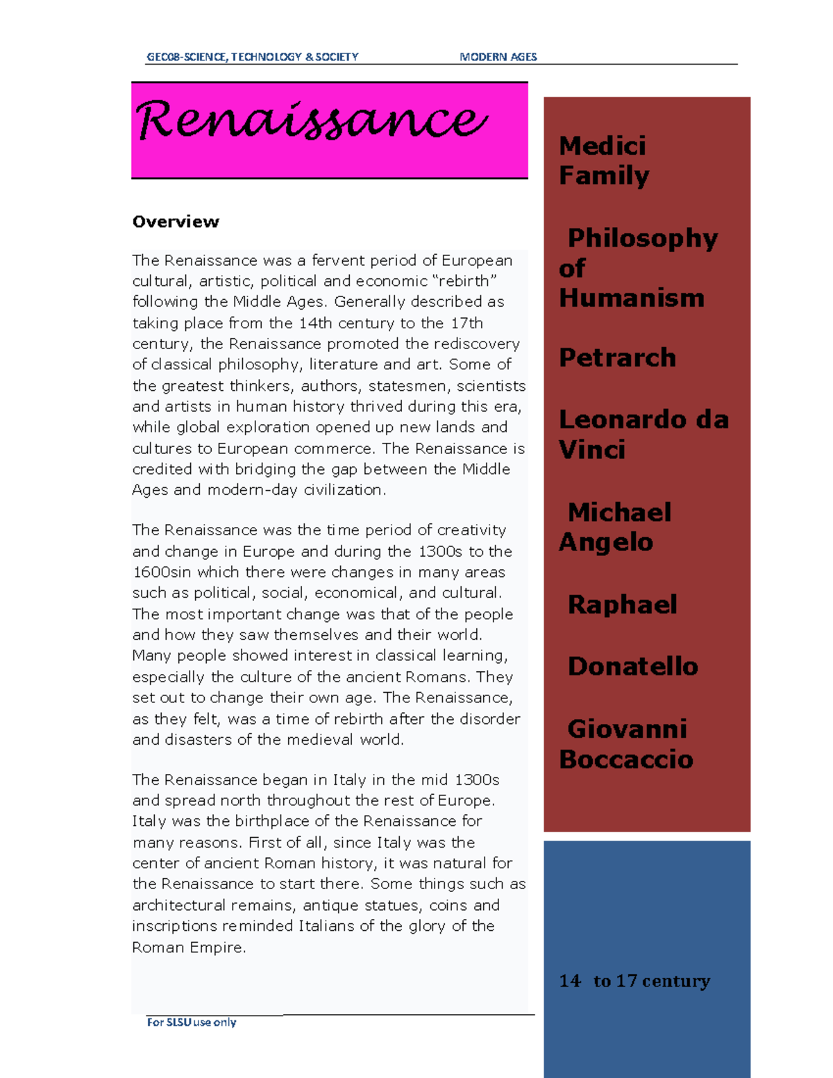 Renaissance Overview: Key Themes in STS General Education Curriculum ...