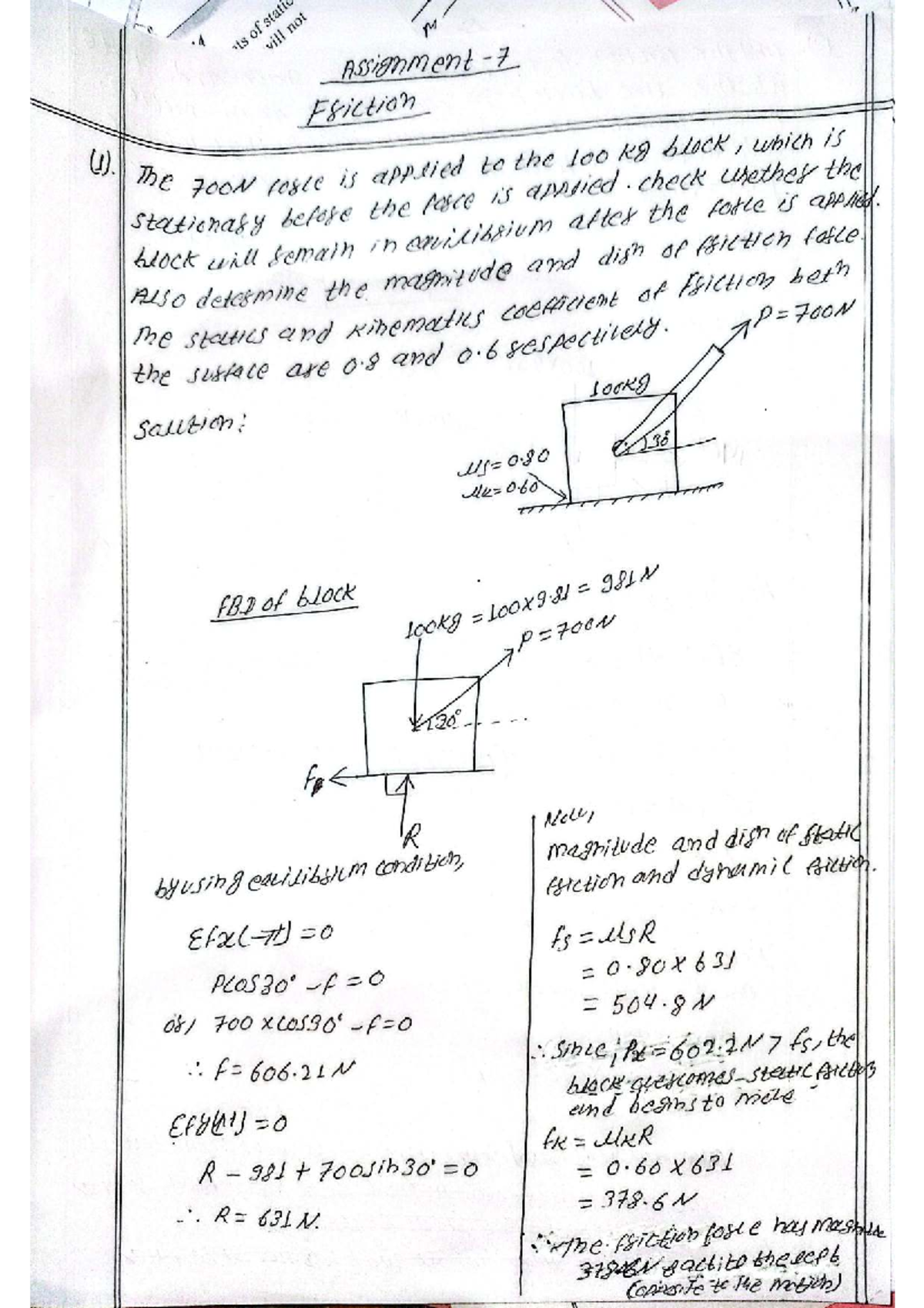 Assignment -7 (Friction) Applied Mechanics Analysis and Solutions - Studocu