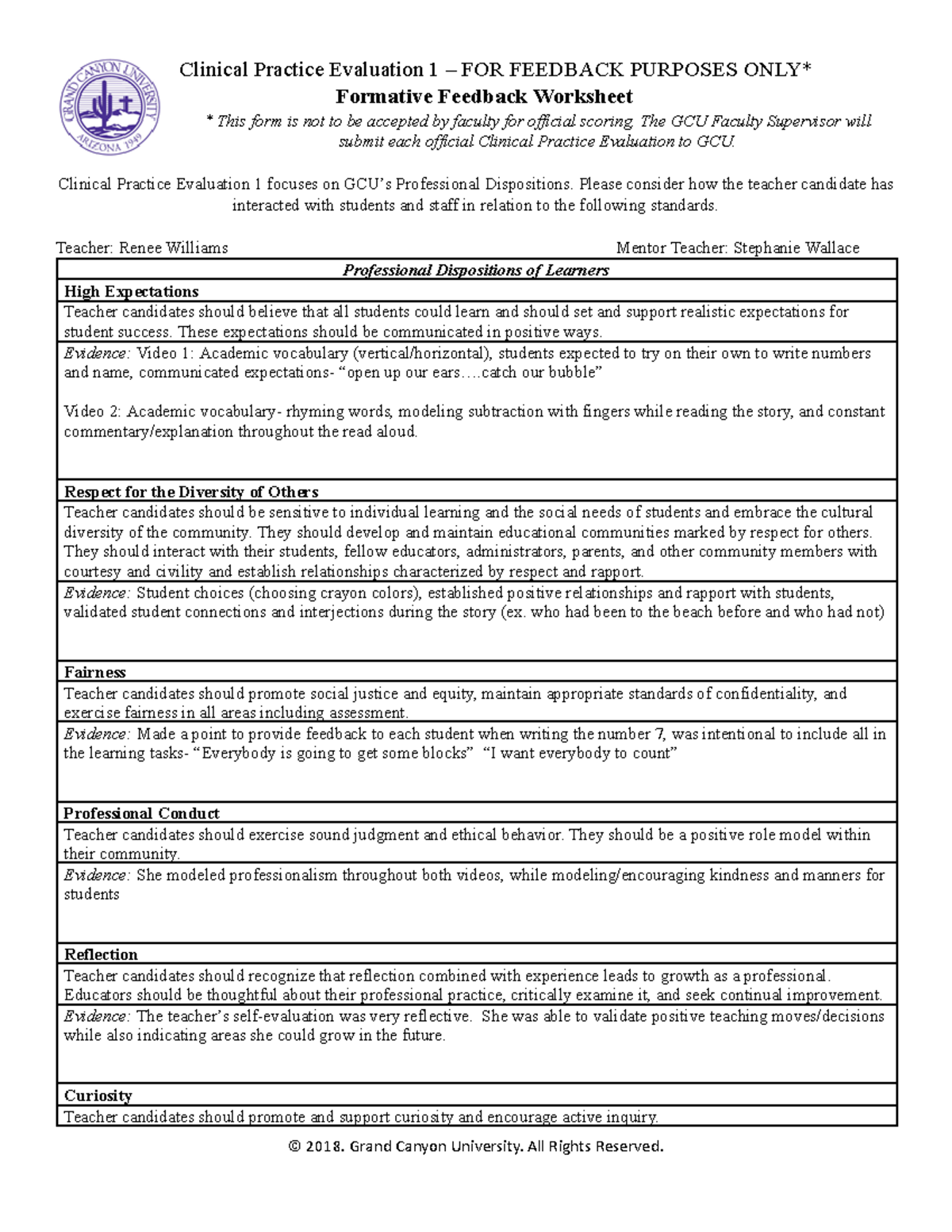 GCU Clinical Practice Evaluation 1 Feedback Worksheet - Renee Williams - Studocu