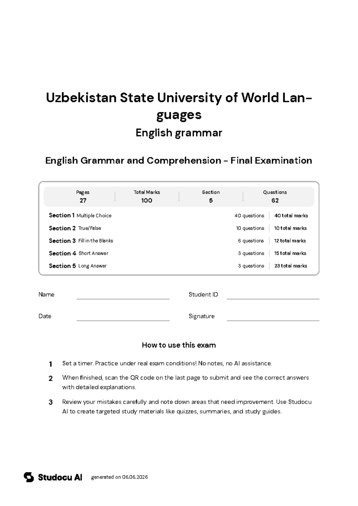 English Grammar and Comprehension - Final Exam - Studocu
