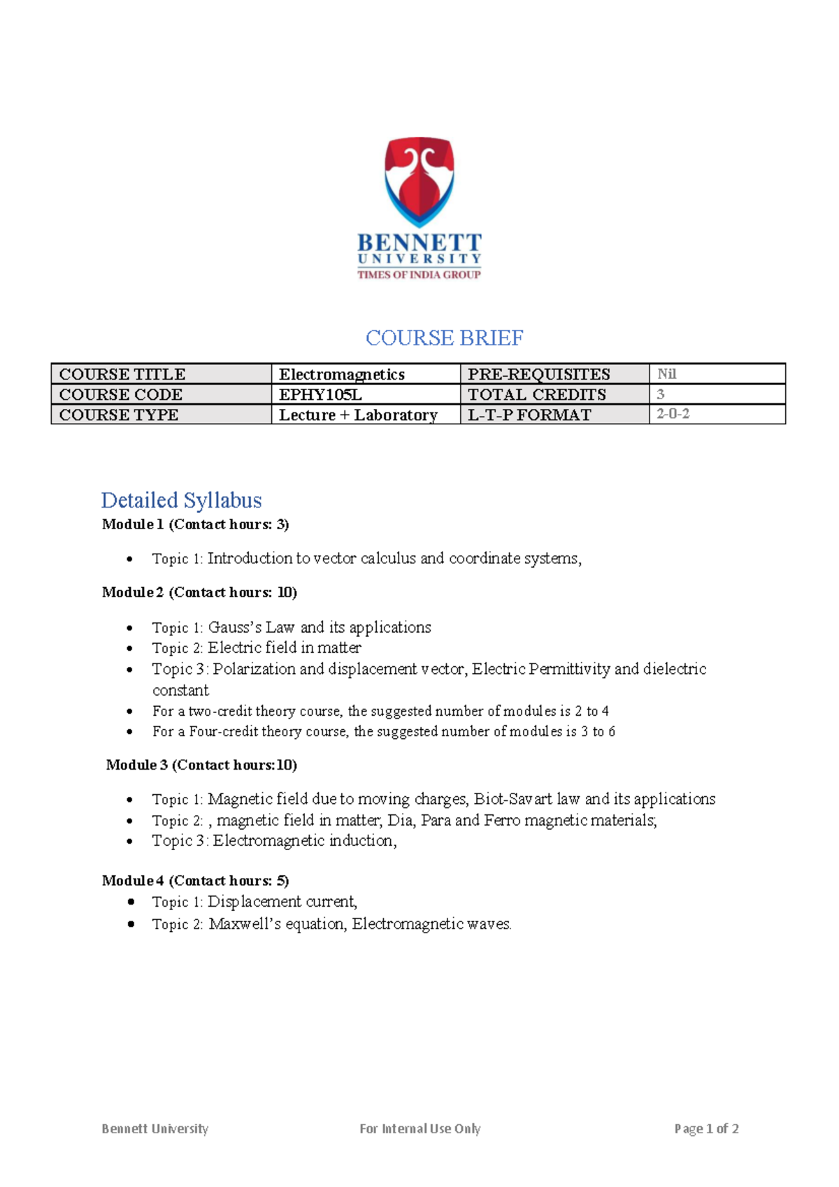 EPHY105L Electromagnetics Lecture Outline and Syllabus - Studocu