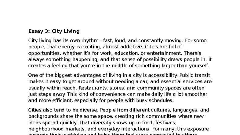 Essay 3: The Vibrant Life of City Living - Studocu