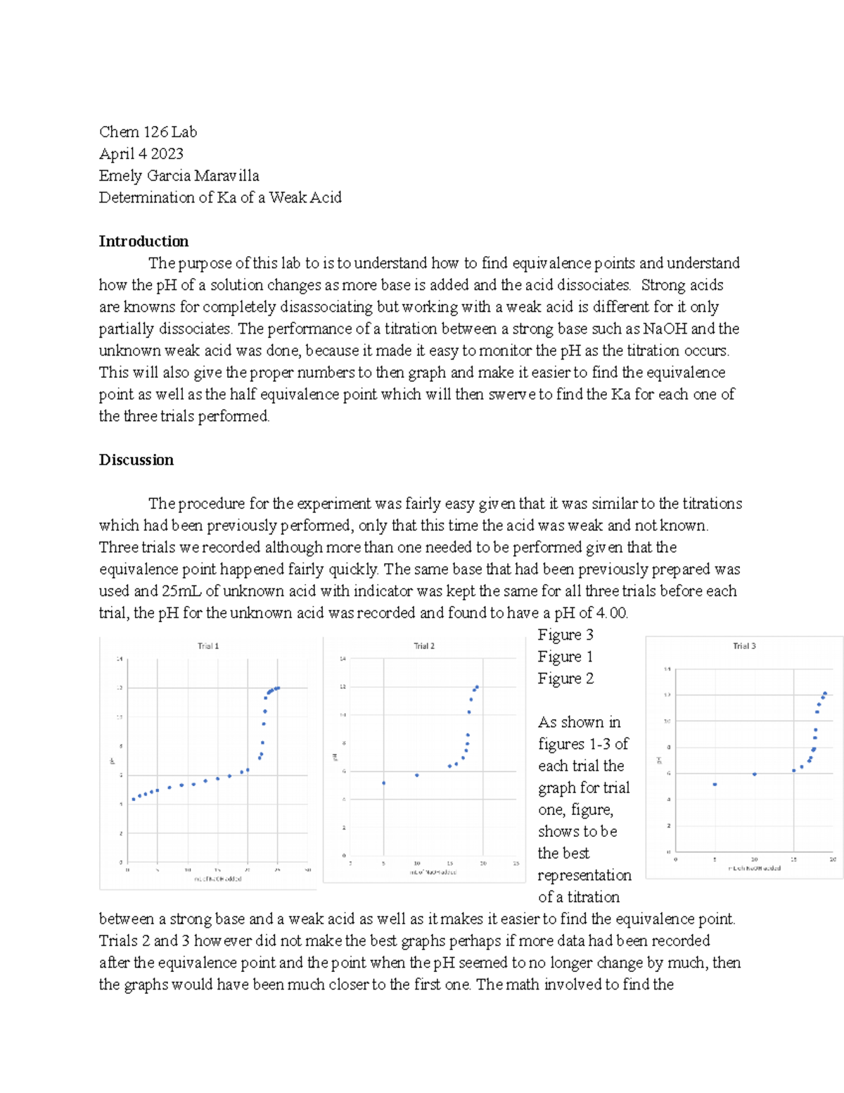 Determination of Ka, Chem 126 Lab - Chem 126 Lab April 4 2023 Emely ...